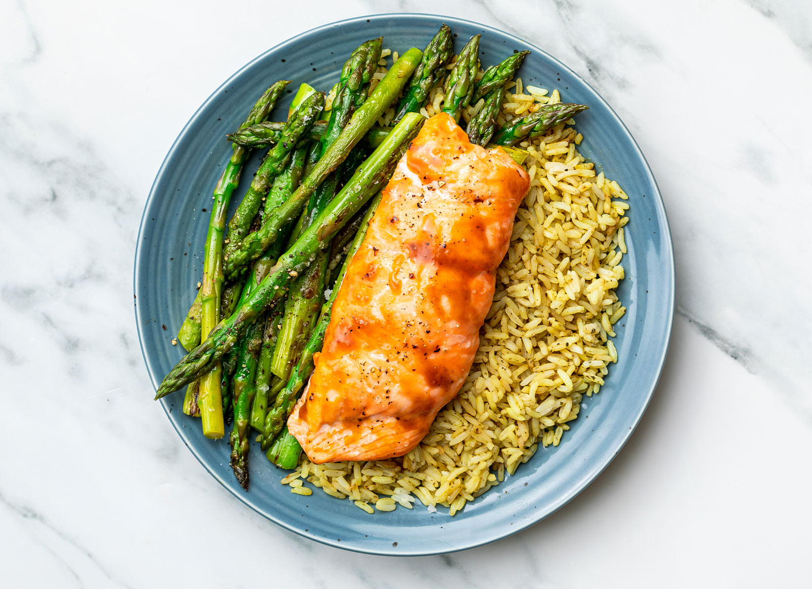 Yuzu Miso Roasted Salmon + Asparagus Over Rice | Hungryroot