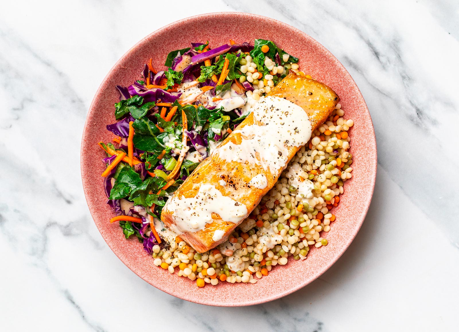 Creamy Asiago Salmon + Rainbow Couscous | Hungryroot